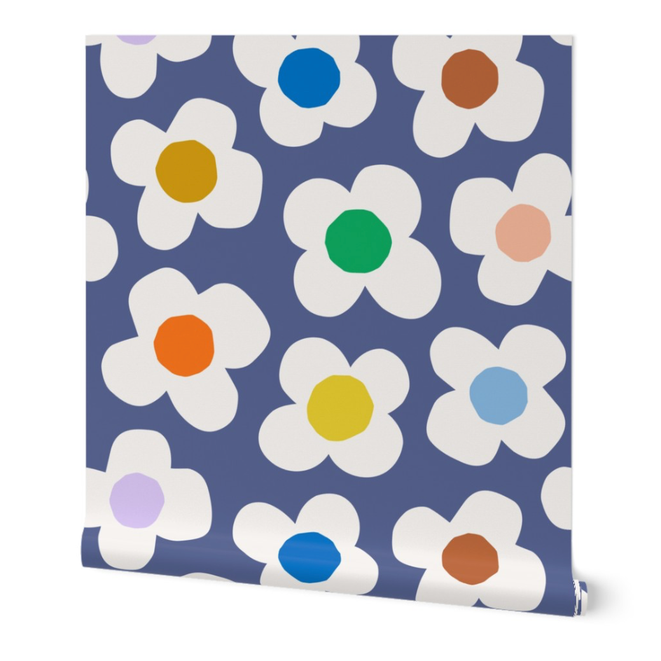 Floral Toss Wallpaper - Blue by Spoonflower | Ampersand Design Studio